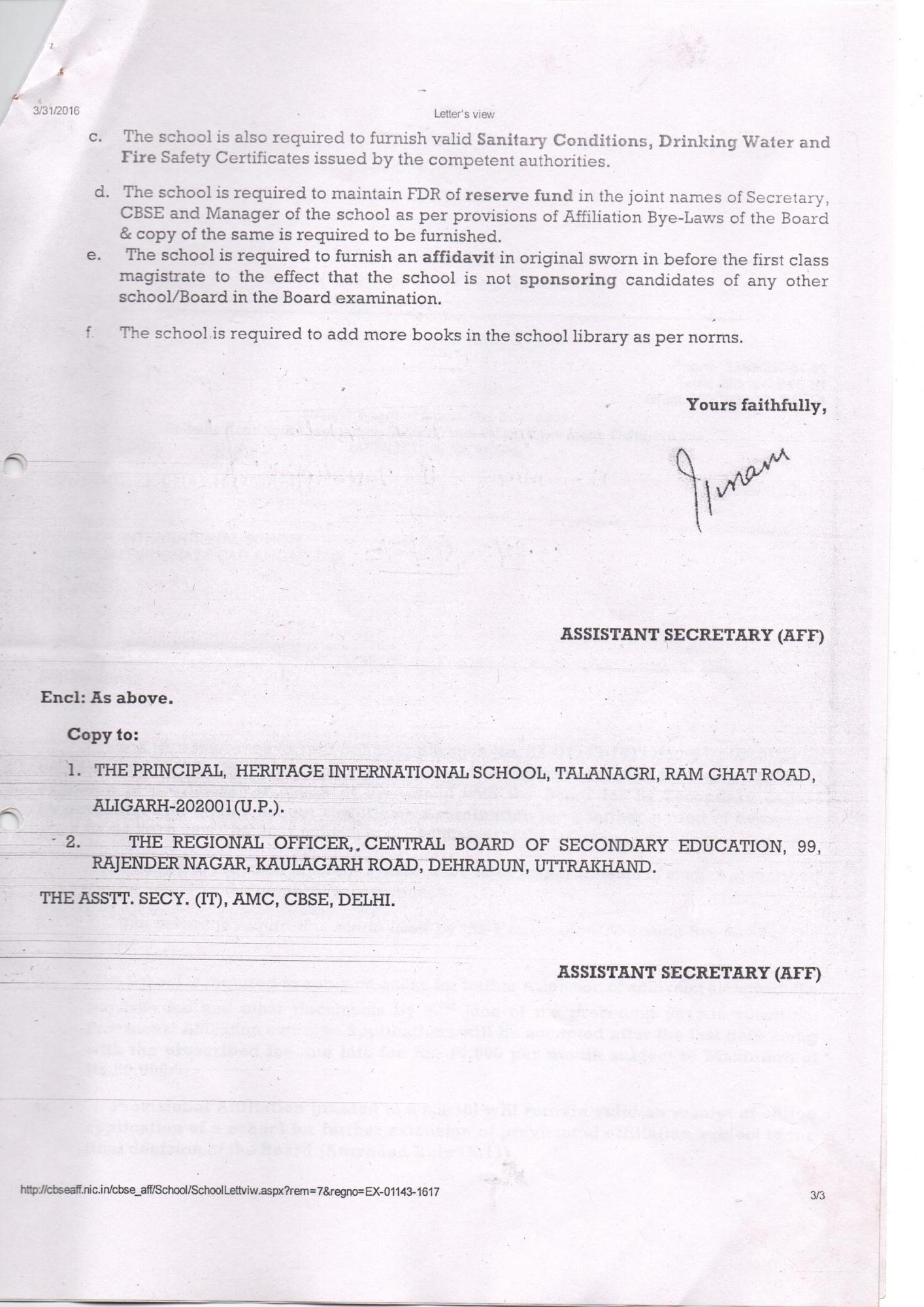 Affiliation Certificate - Heritage International School